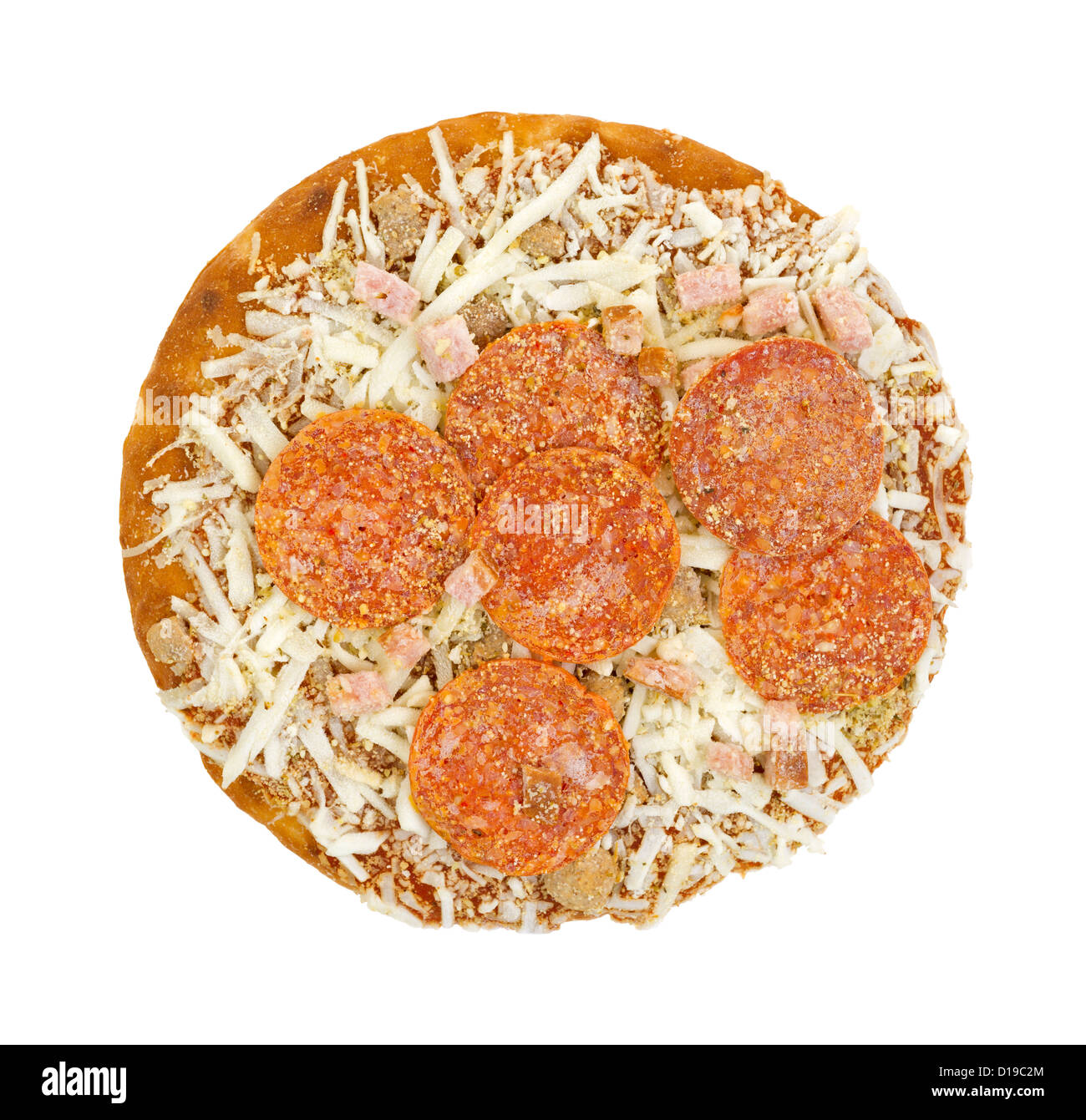 Top view of a frozen thick crust pepperoni ham and sausage pizza on a ...