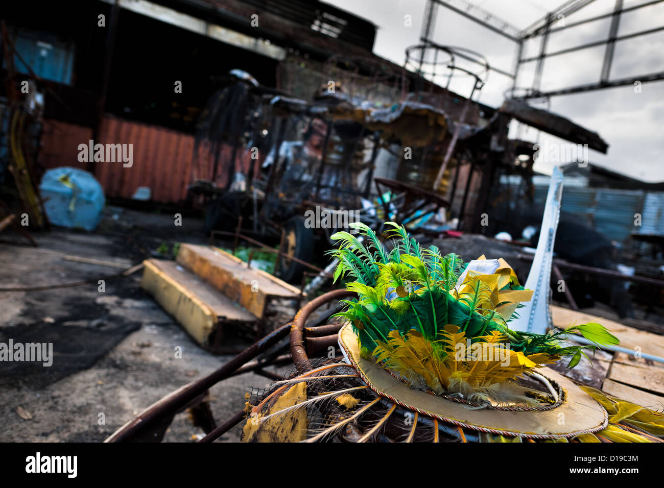 A damaged feather costume thrown on the work yard behind the Samba ...