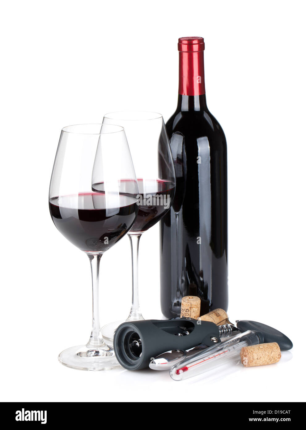 Red wine, corks and corkscrew. Isolated on white background Stock Photo ...