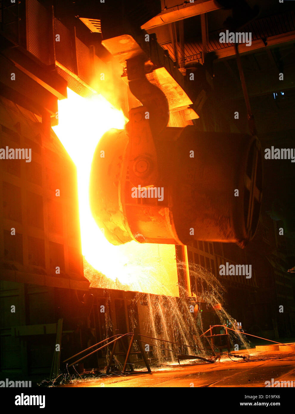 Liquid pig iron is refined with oxygen at the ThyssenKrupp plant in ...