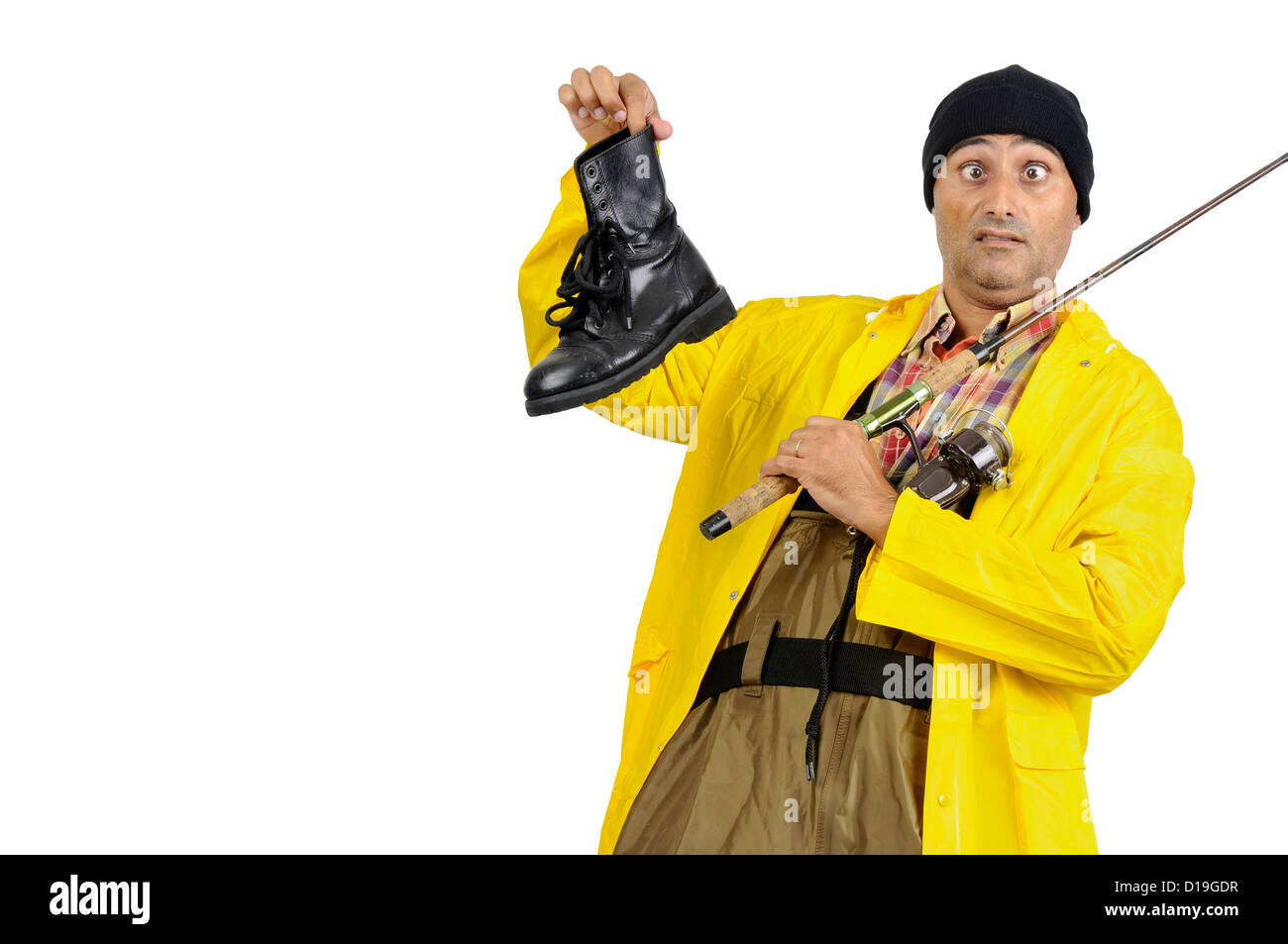 Fisherman with fishing rod and old boot isolated in white Stock Photo ...