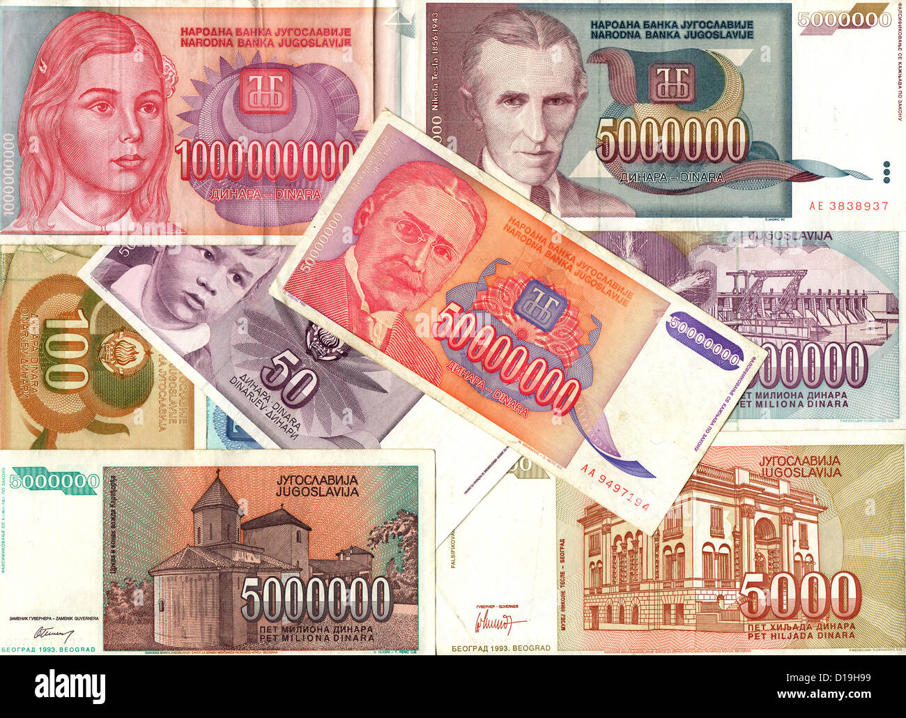Colorful background of old Yugoslavian dinar bank notes ...