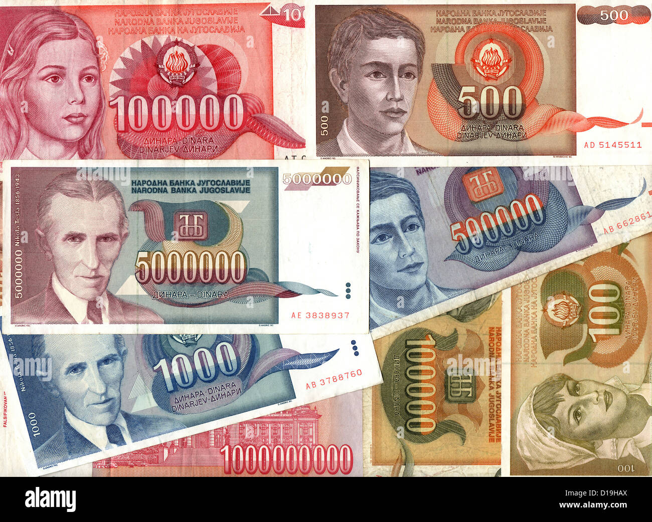 Colorful background of old Yugoslavian dinar bank notes ...