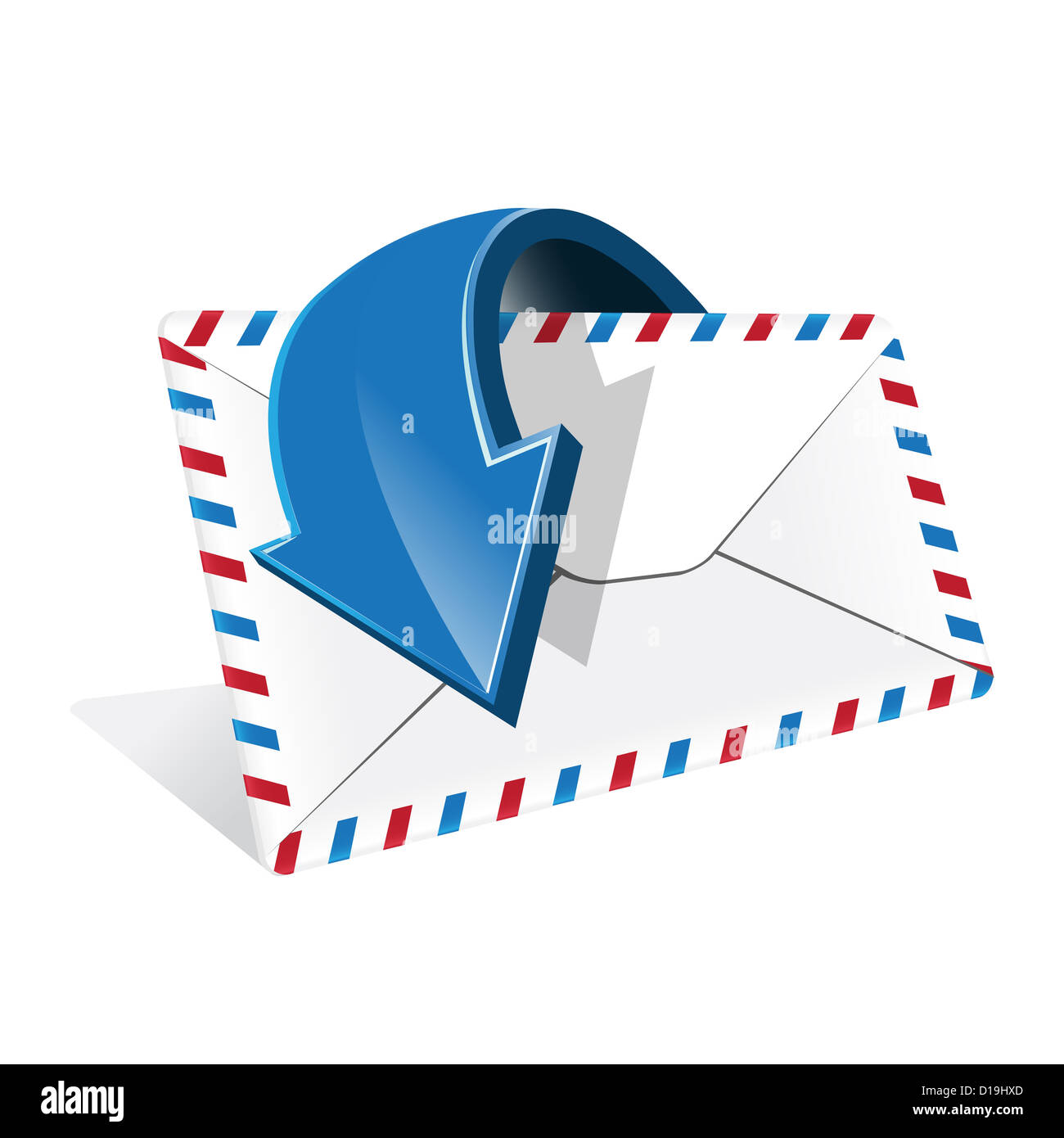Illustration, blue arrow around white envelope on white background ...