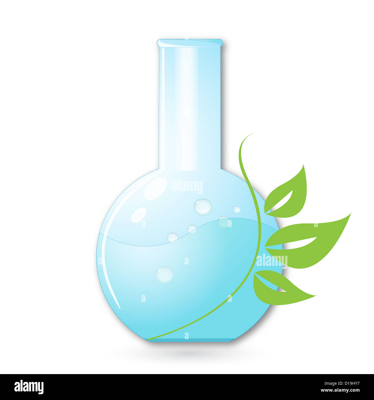Glass laboratory flask with liquid and green branch Stock Photo - Alamy
