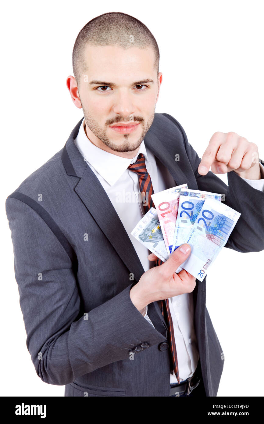 young business man with money over white background Stock Photo - Alamy