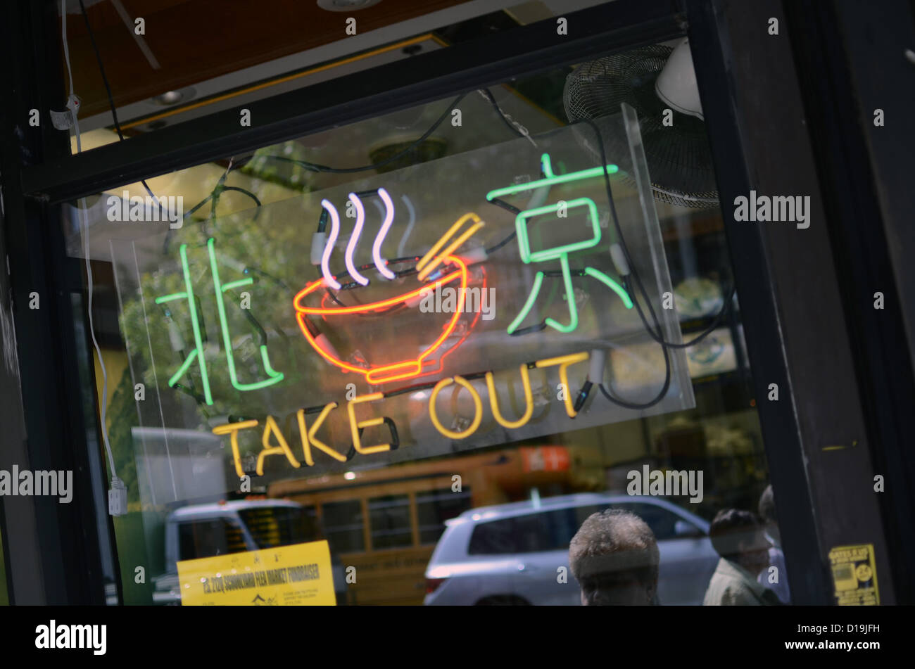 Take Out sign in asian restaurant, Jackson Heights, New York Stock ...