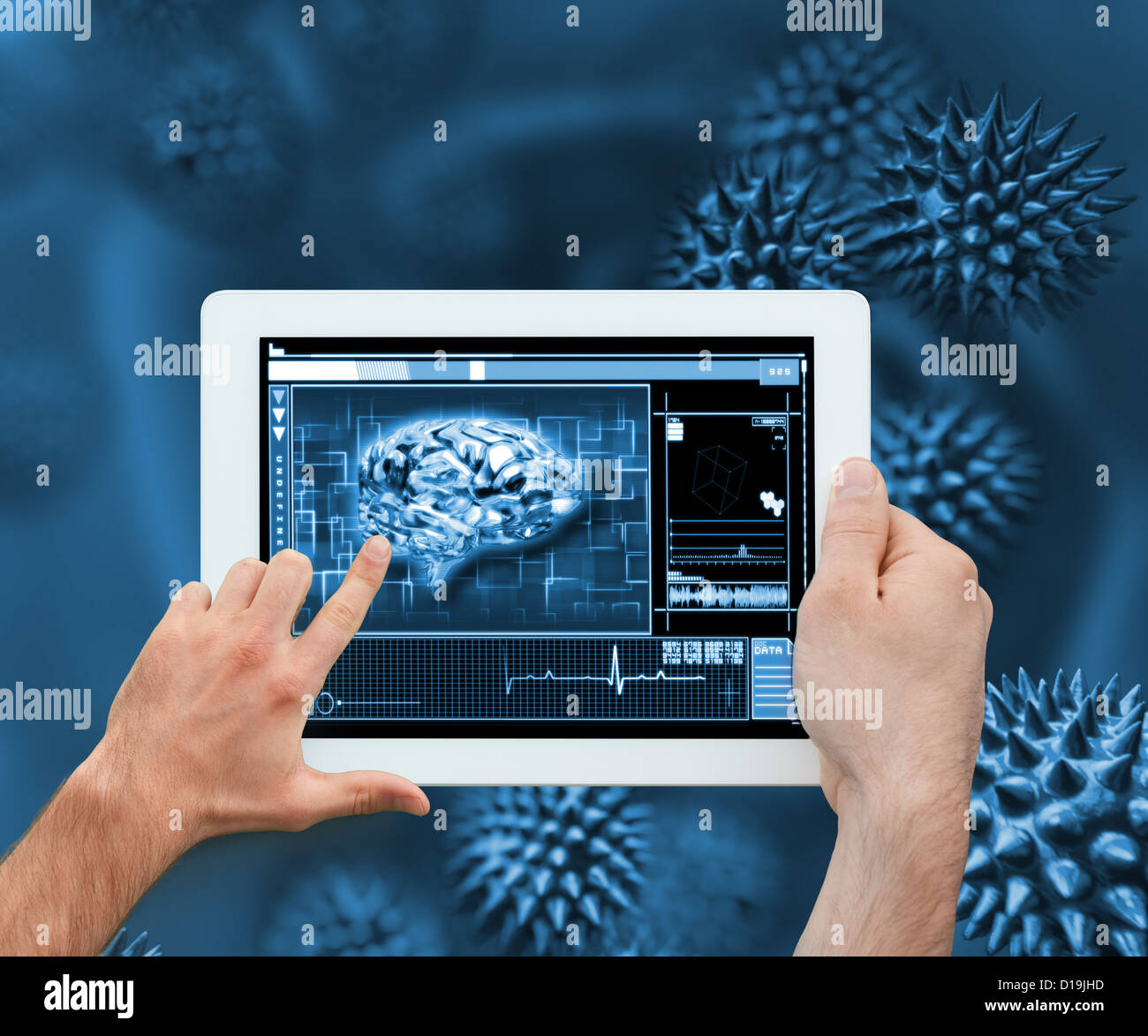 Digital tablet on a blue digitally generated background Stock Photo - Alamy