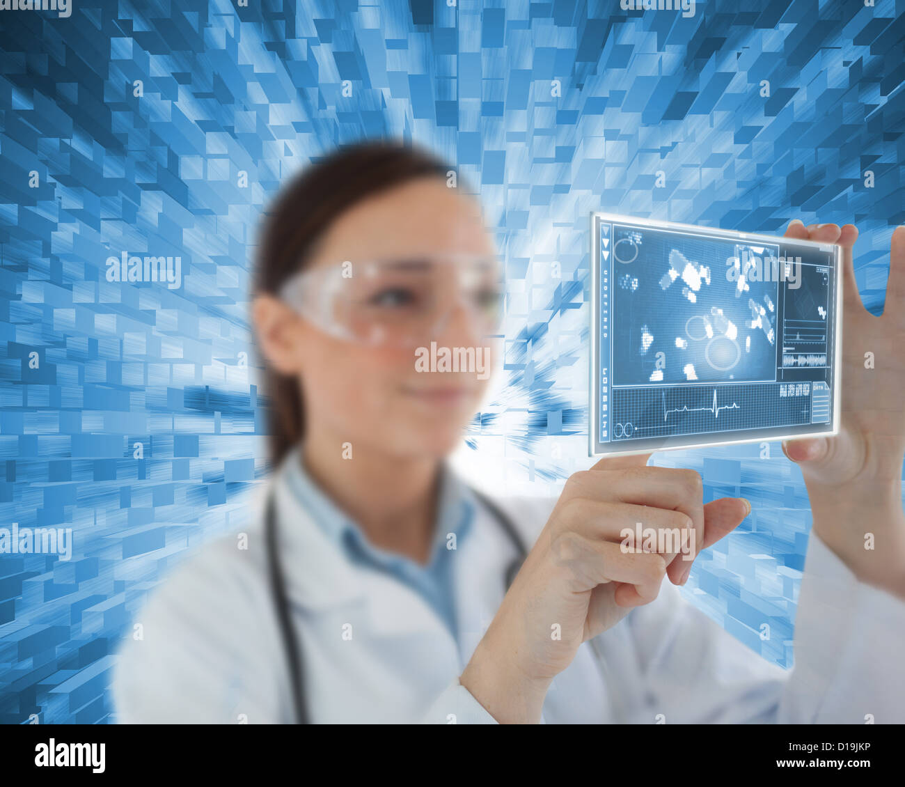Woman holding and touching a virtual screen Stock Photo - Alamy