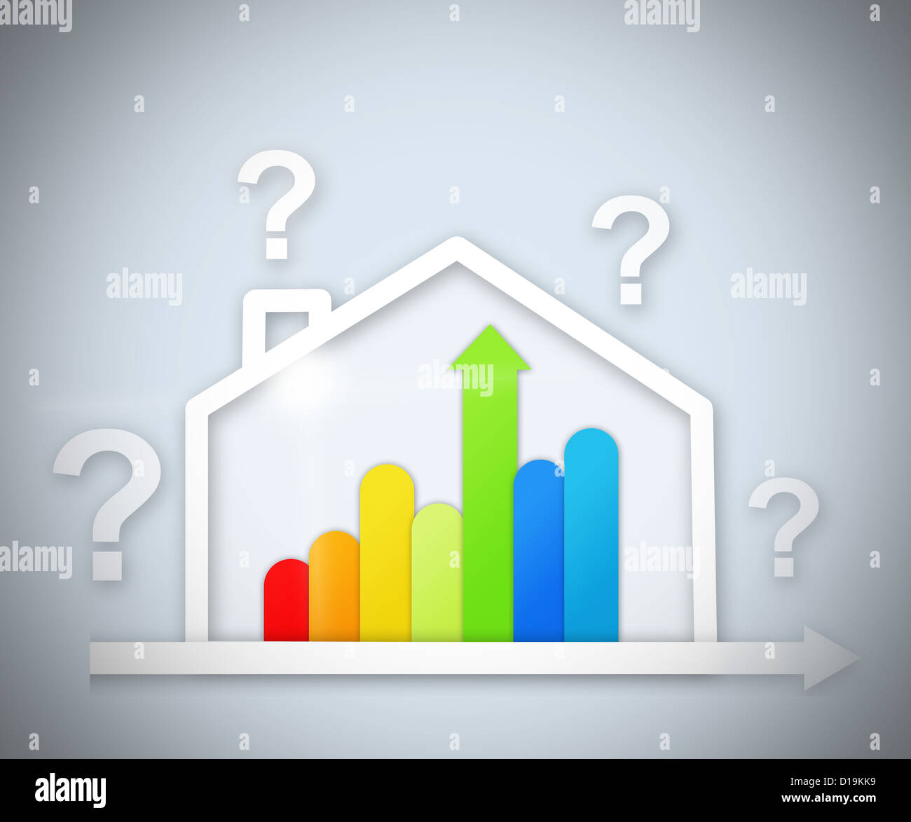 Question marks above energy efficient house graphic Stock Photo - Alamy