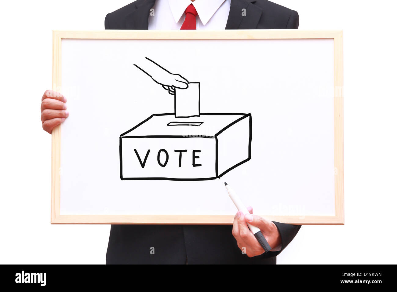 businessman invite people for voting on white board Stock Photo - Alamy