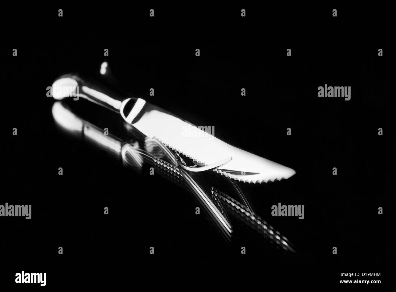 Knife and Fork Carving Set reflected on mirror with black background ...