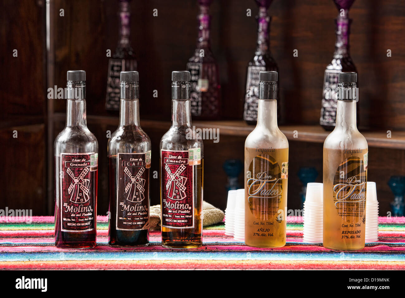 Tequila bottles sample at distillery. Tequila manufacture and sales in ...