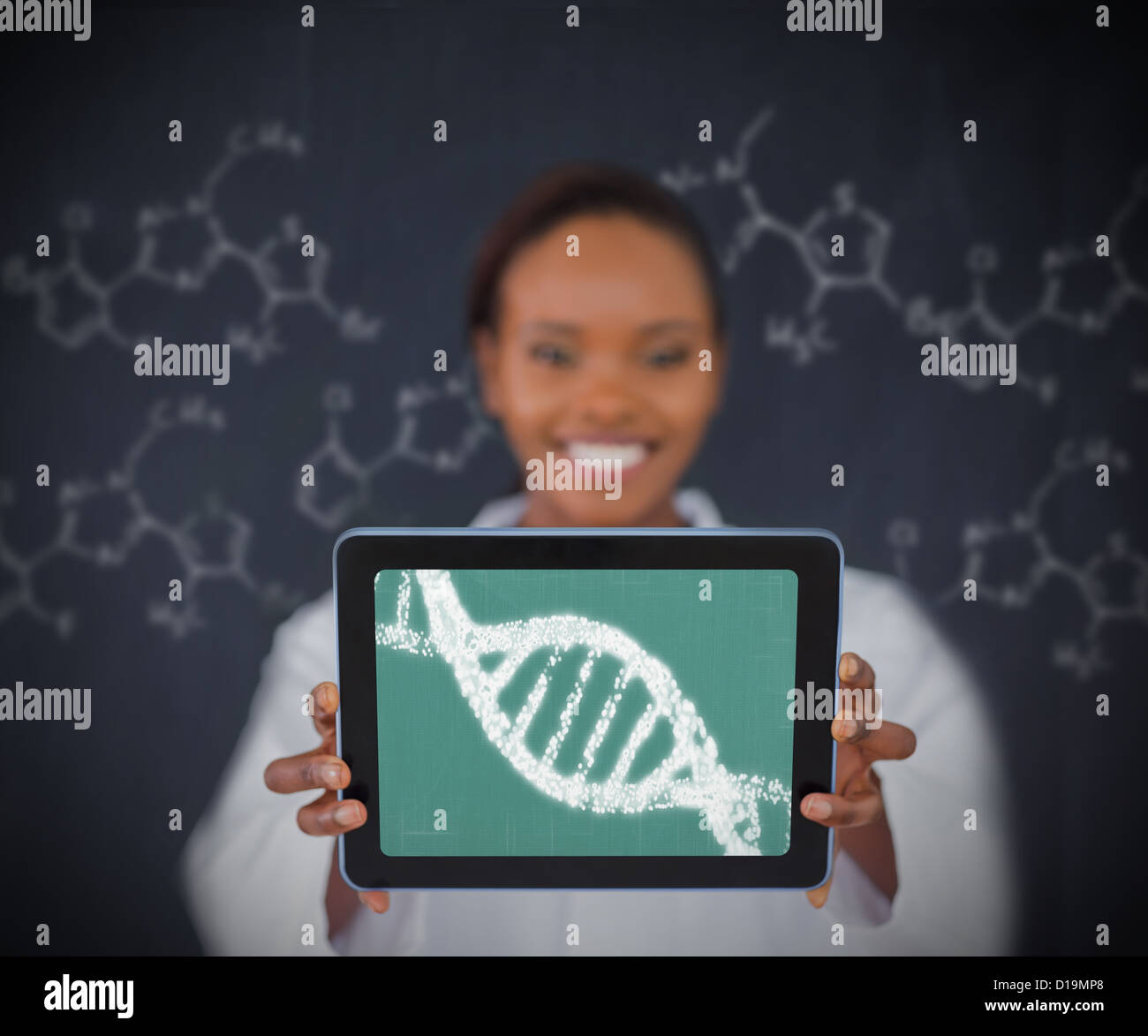 Woman showing DNA Helix Stock Photo - Alamy