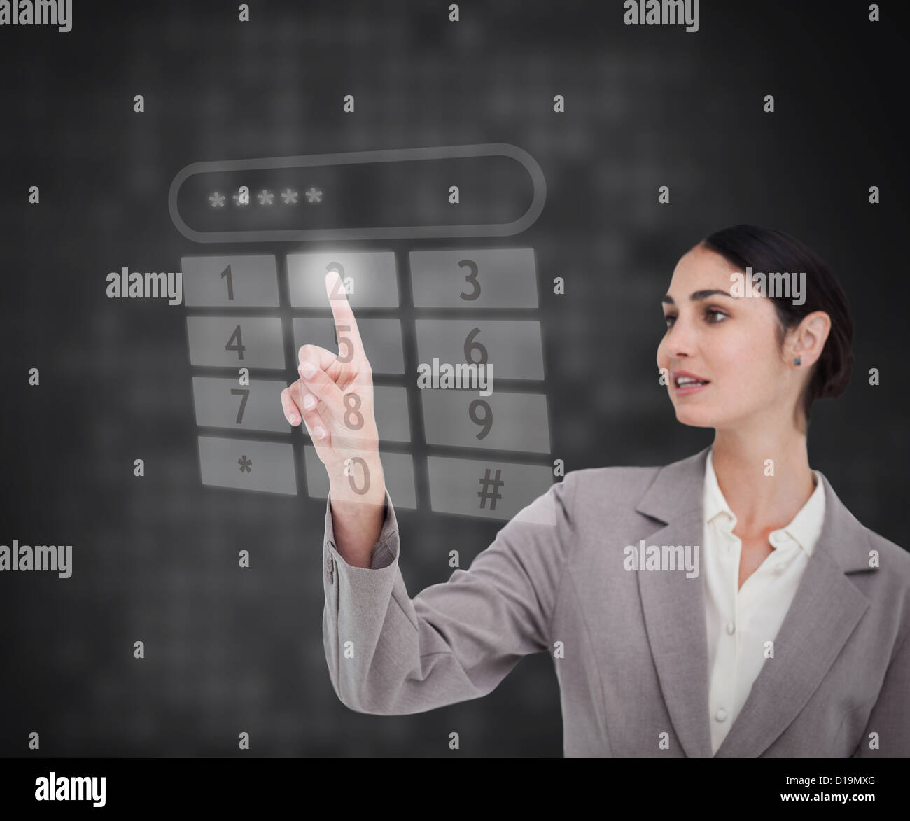 Businesswoman using touch screen against a background Stock Photo - Alamy