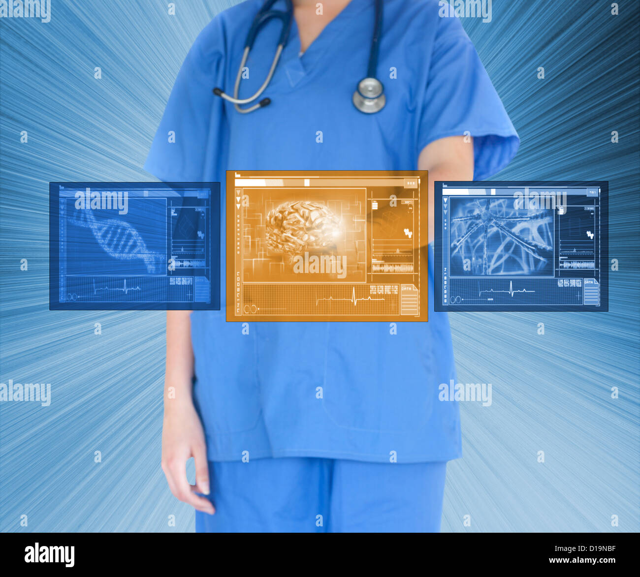 Doctor using touchscreen against blue background Stock Photo - Alamy