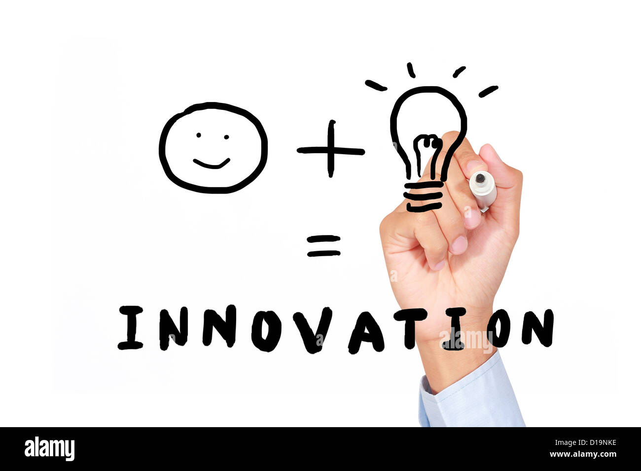 Businessman writing on white board to show how to create innovation ...