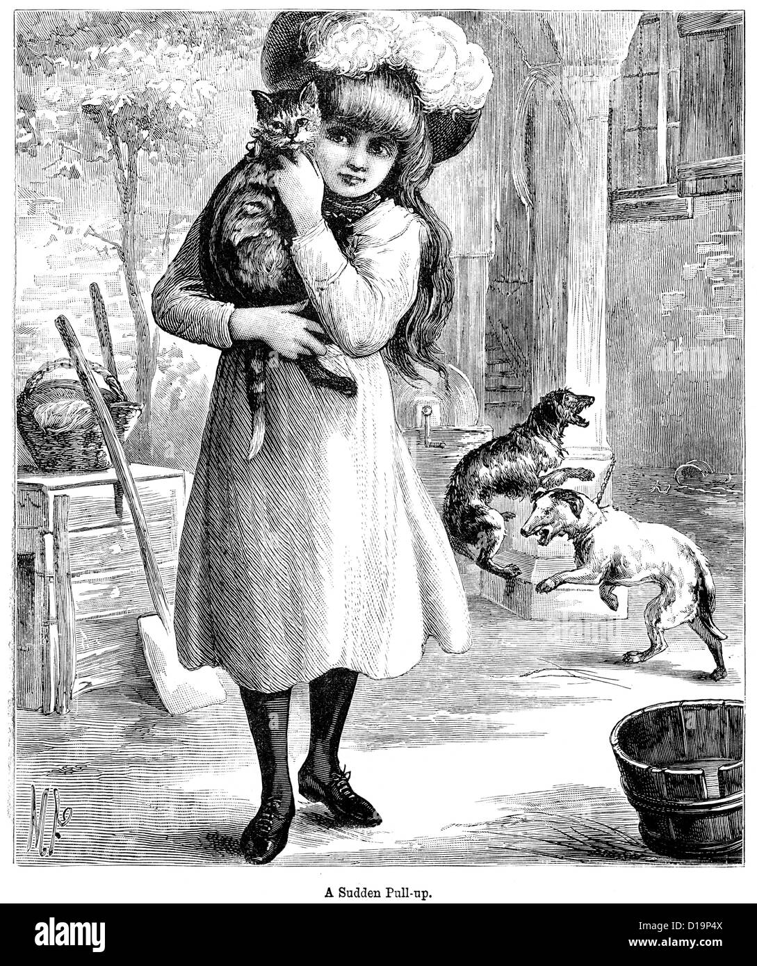 Victorian engraving of a little girl rescuing a cat from two dogs, 1897 ...