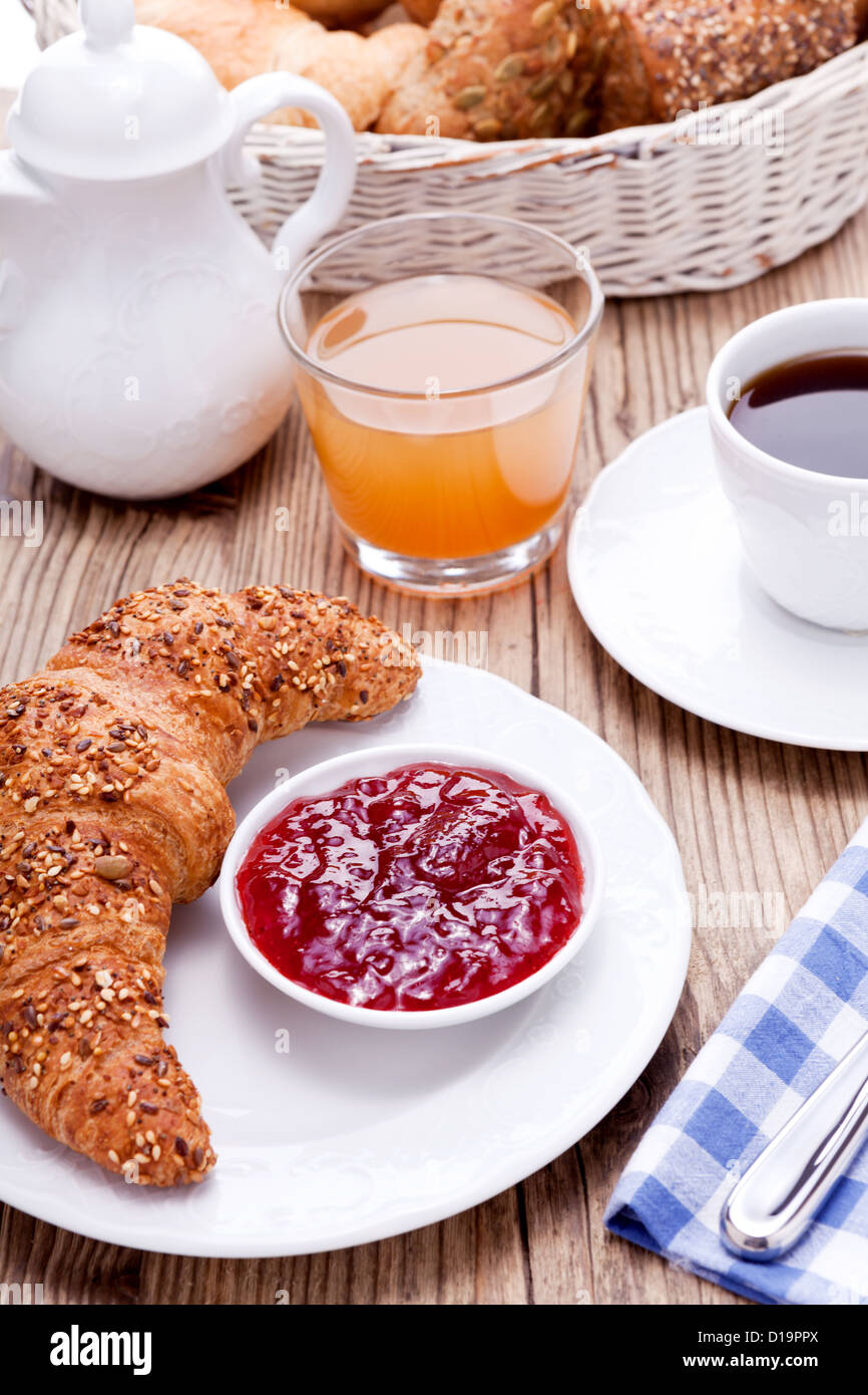 healthy french breakfast coffee croissant on wooden table Stock Photo ...
