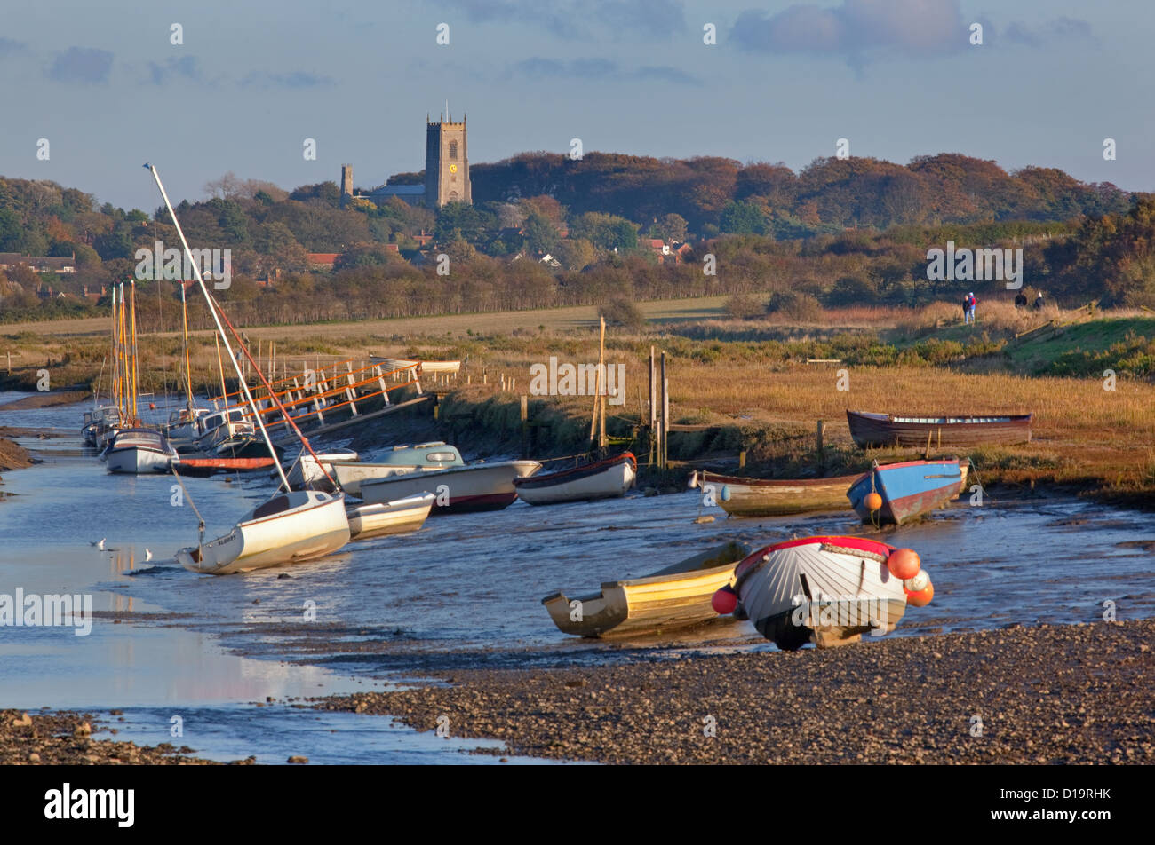 Morston Quay and Blakeney village and Church in the background North ...