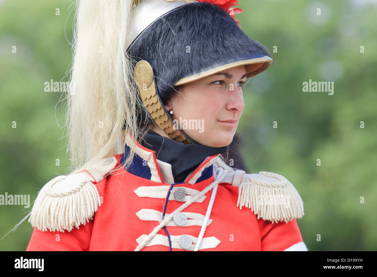 French mounted female cavalry soldier (Cuirassier) in Borodino, Russia ...