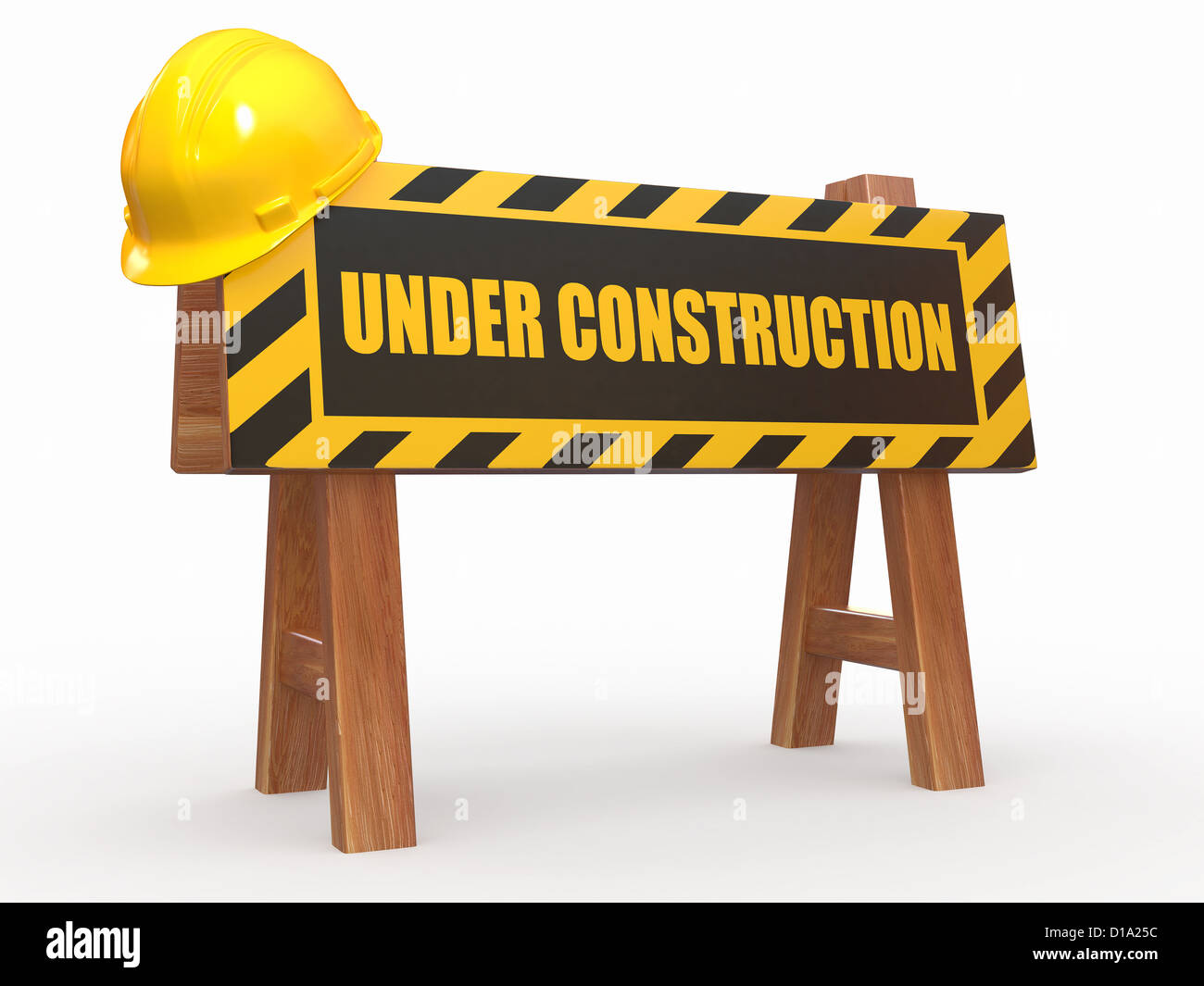 Barrier with text under construction and hardhat. 3d Stock Photo - Alamy