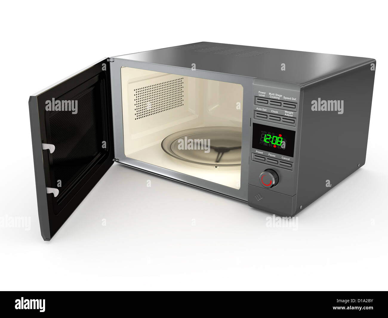 Open metallic microwave on white background. 3d Stock Photo - Alamy