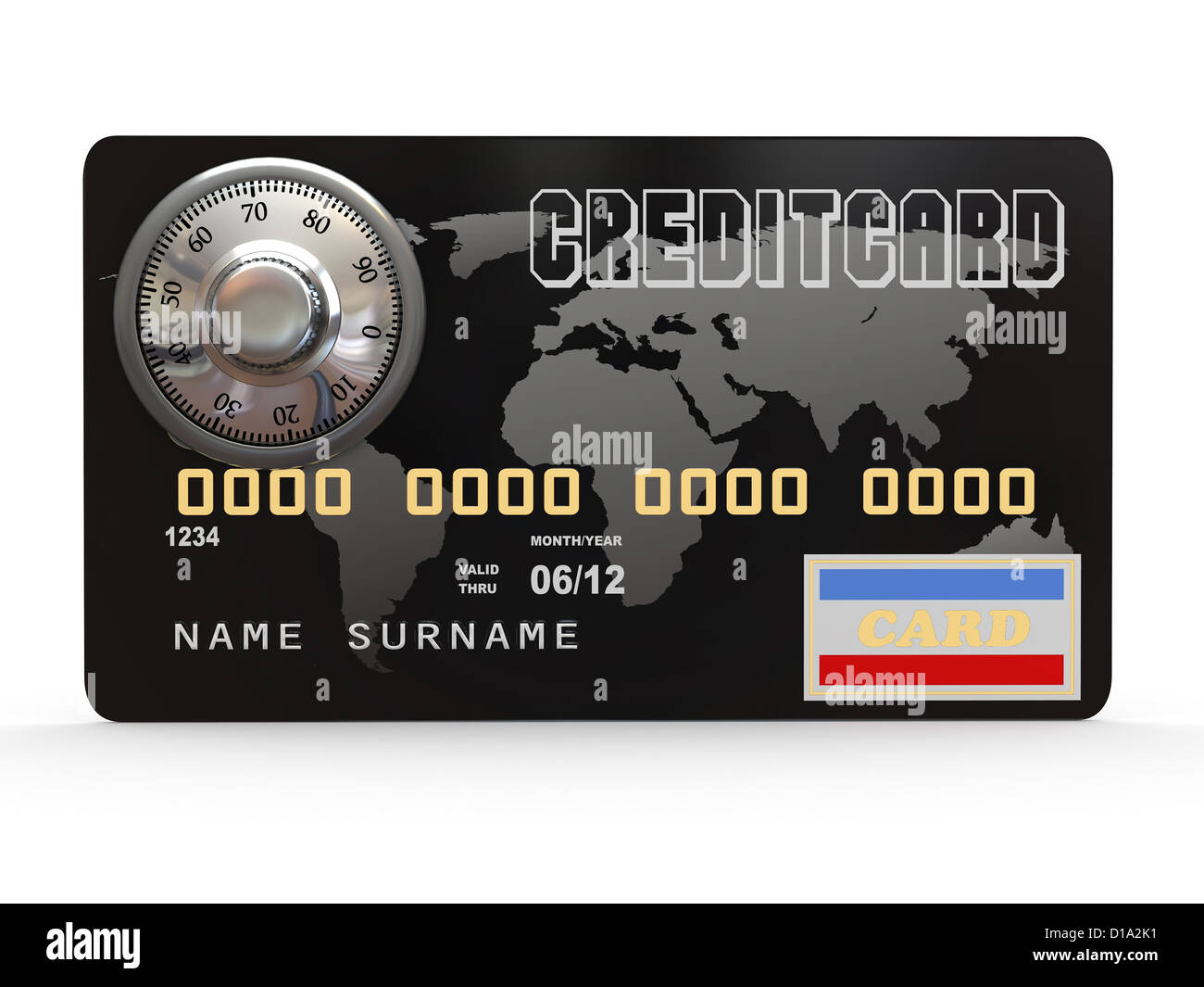 Credit card with steel security lock on white background. 3d Stock ...