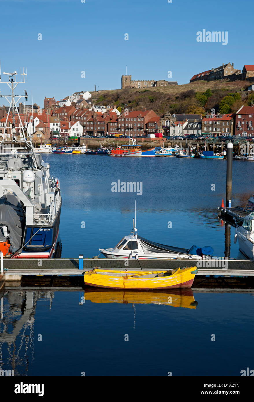 Looking across the harbour in winter Whitby town resort North Yorkshire ...