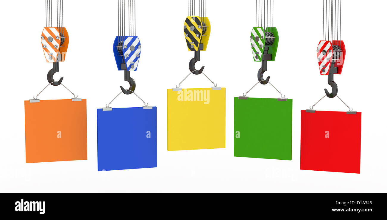 Crane hooks with empty boards on white background. 3d Stock Photo - Alamy