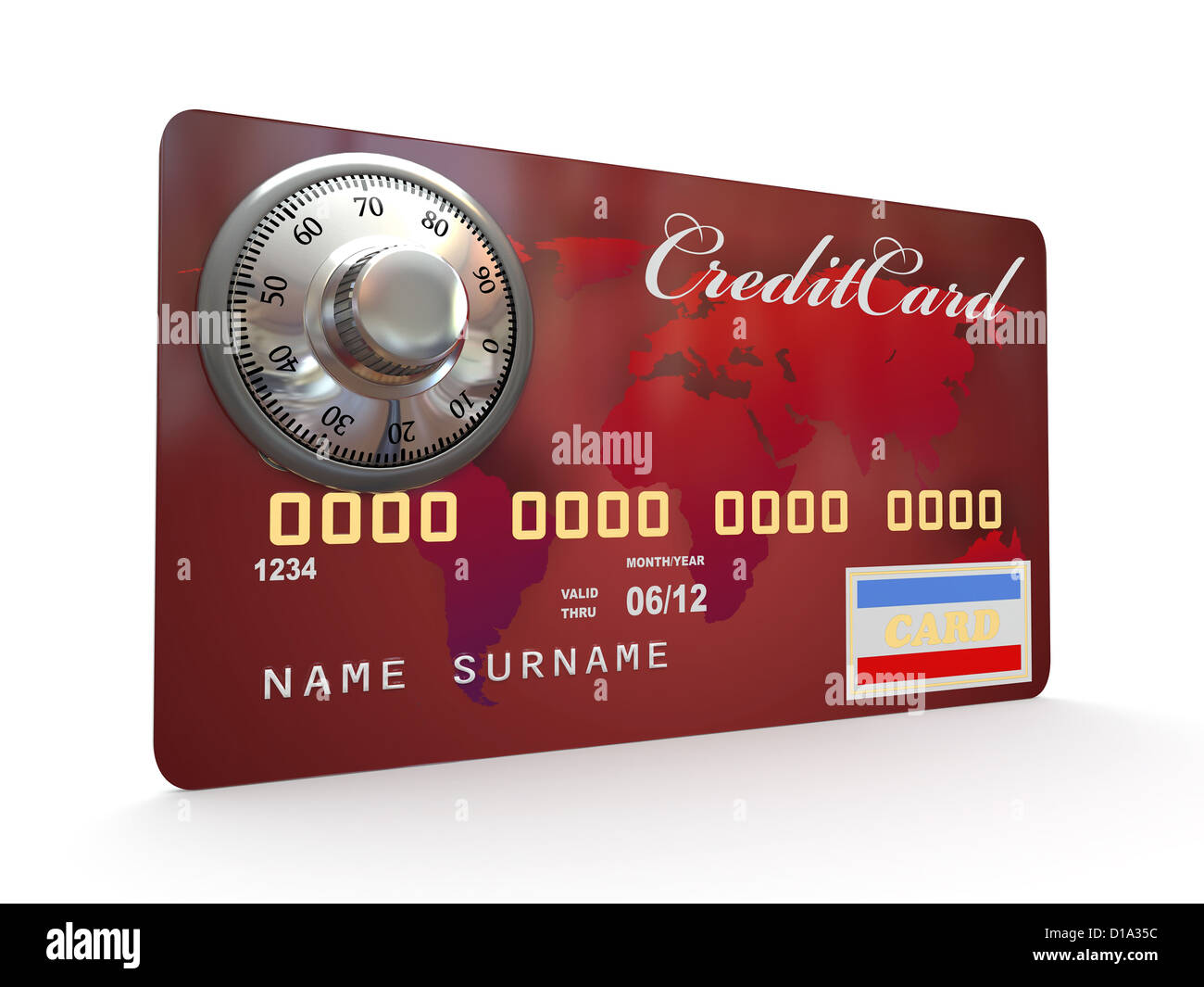 Credit card with steel security lock on white background. 3d Stock ...