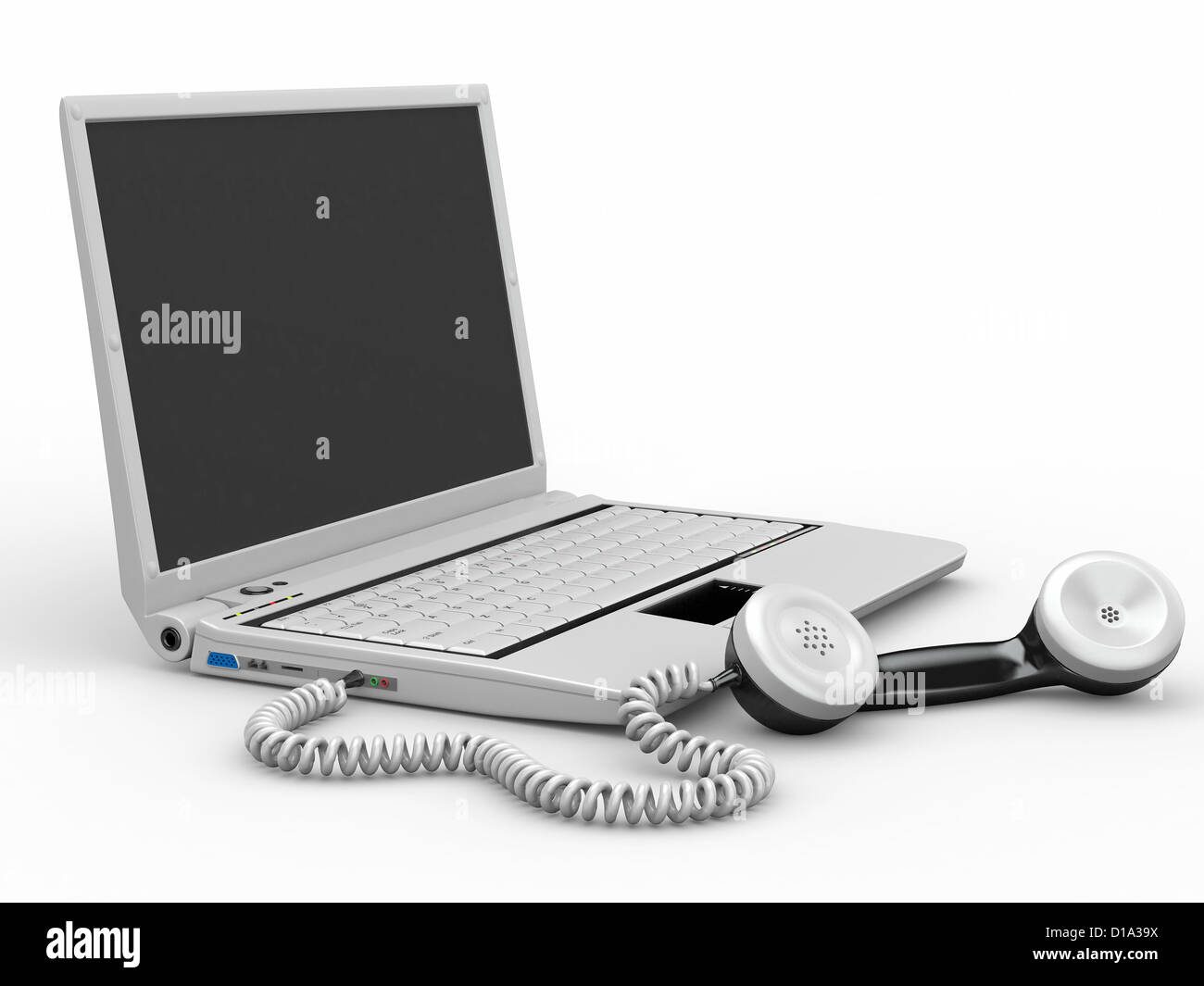 Laptop with old-fashioned phone reciever on white background. 3d Stock ...