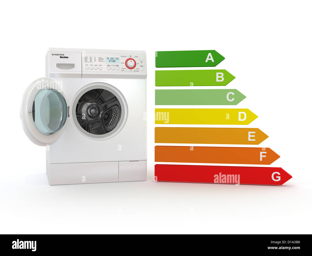Washing machine with the scale of energy efficiency. 3d Stock Photo - Alamy