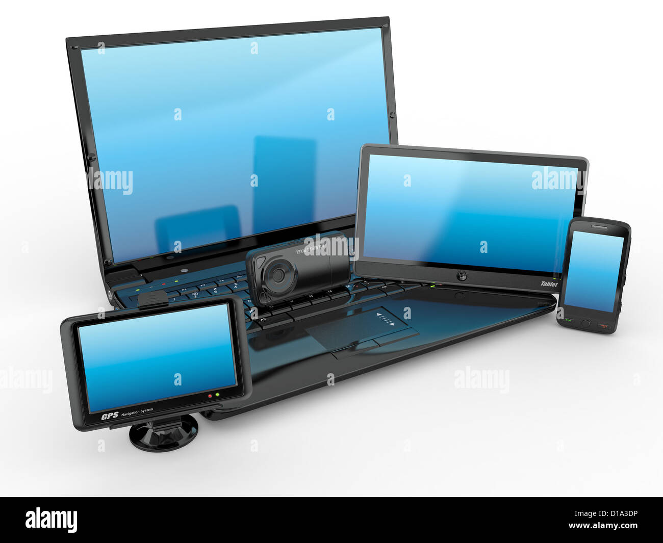 Electronics. Laptop, mobile phone, tablet pc and gps. 3d Stock Photo ...