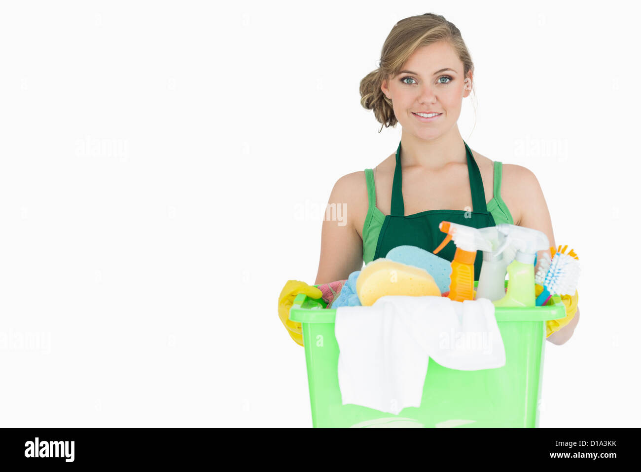 Happy woman cleaning supplies hi-res stock photography and images - Alamy