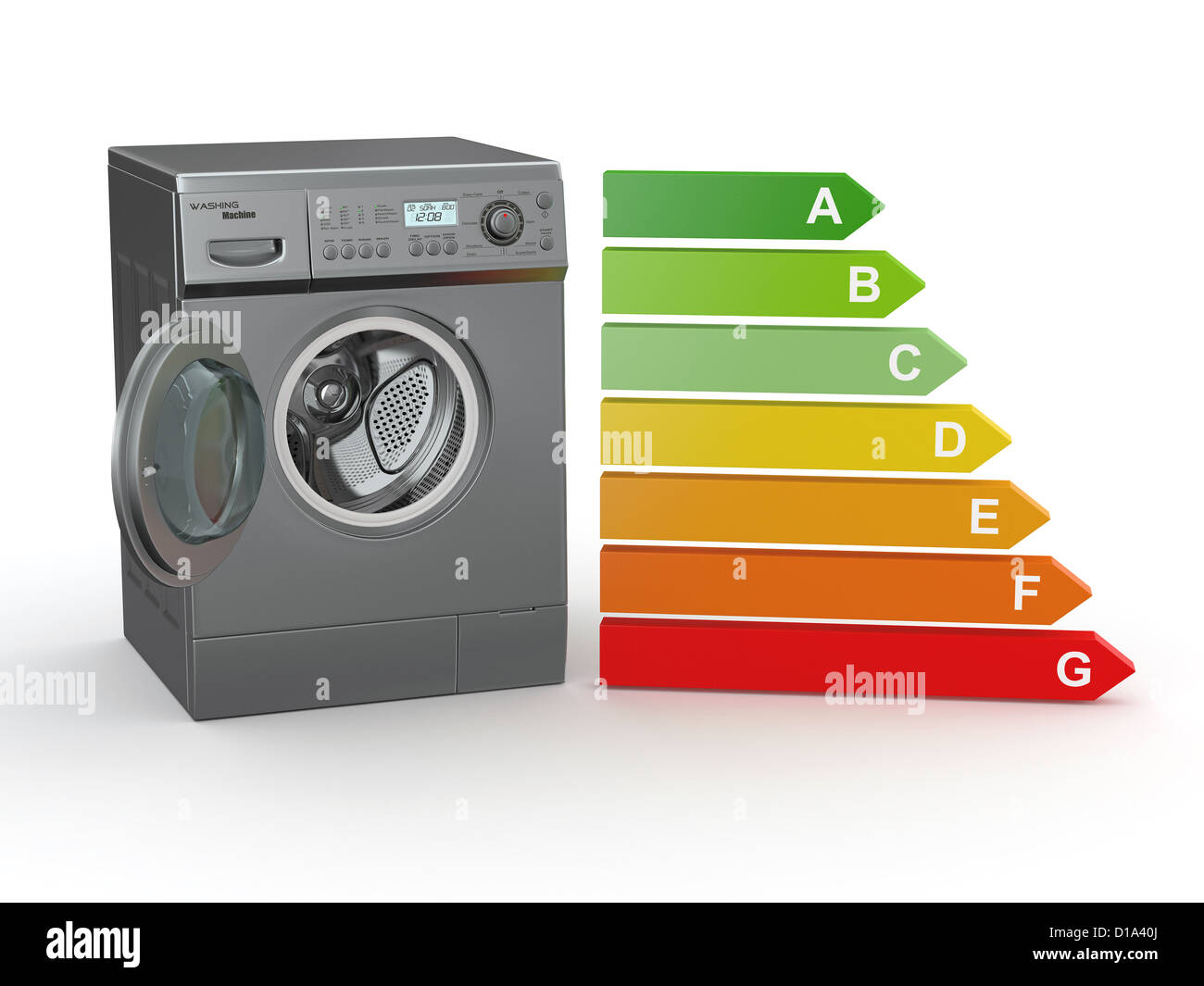 Washing machine with the scale of energy efficiency. 3d Stock Photo - Alamy