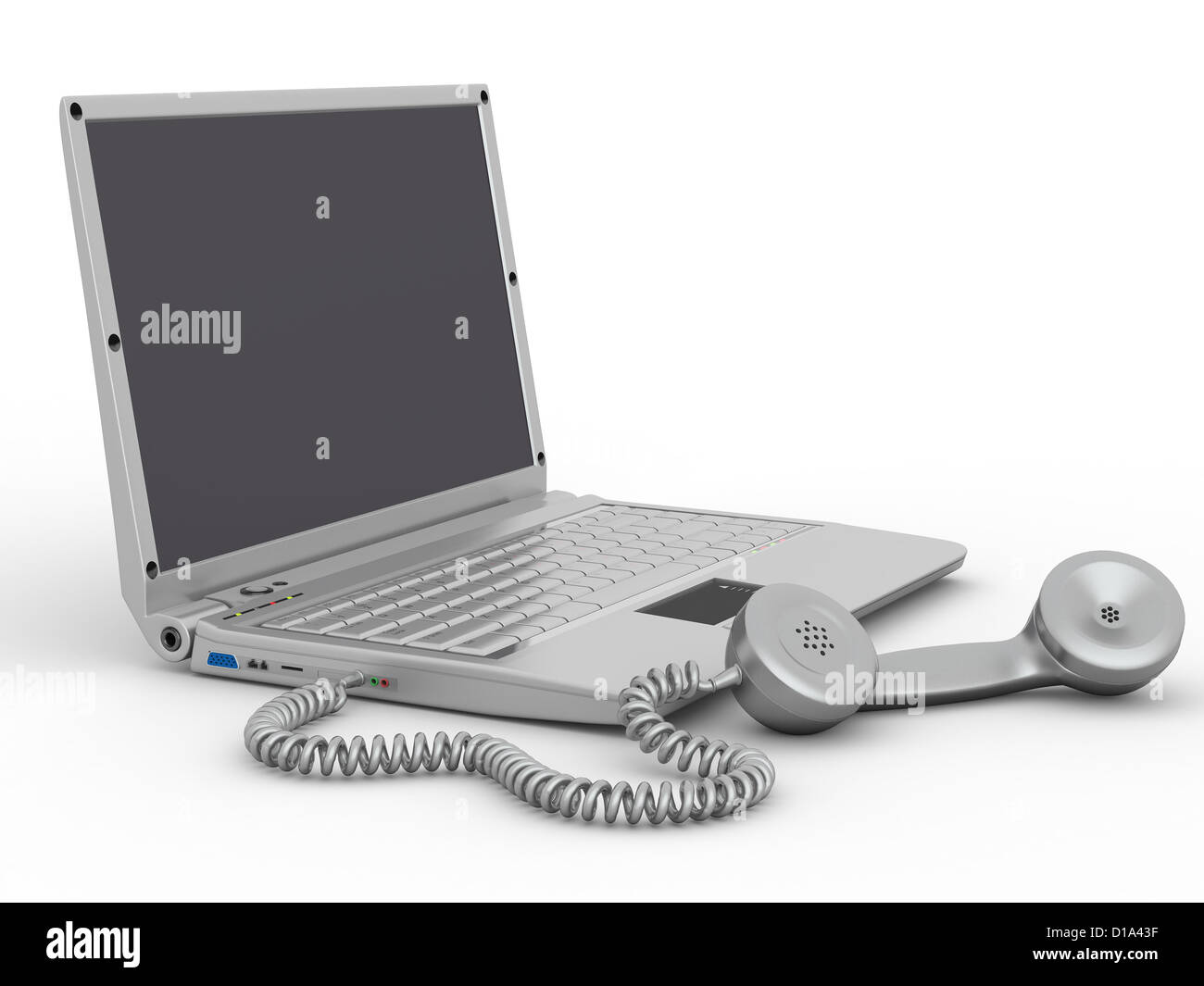 Laptop with old-fashioned phone reciever on white background. 3d Stock ...
