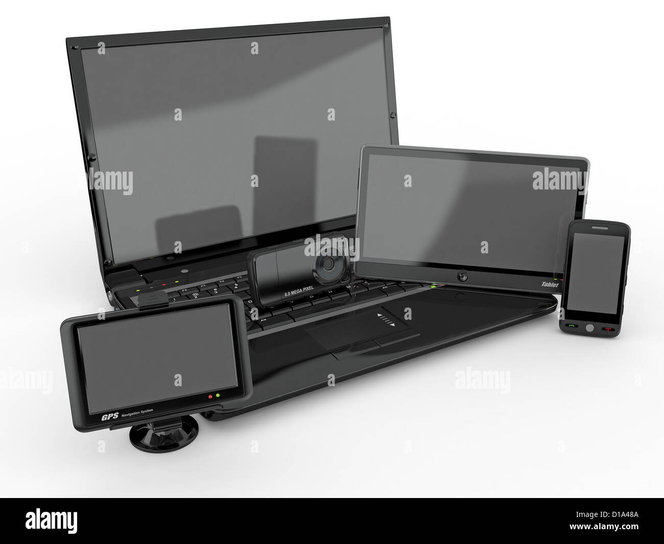 Electronics. Laptop, mobile phone, tablet pc and gps. 3d Stock Photo ...