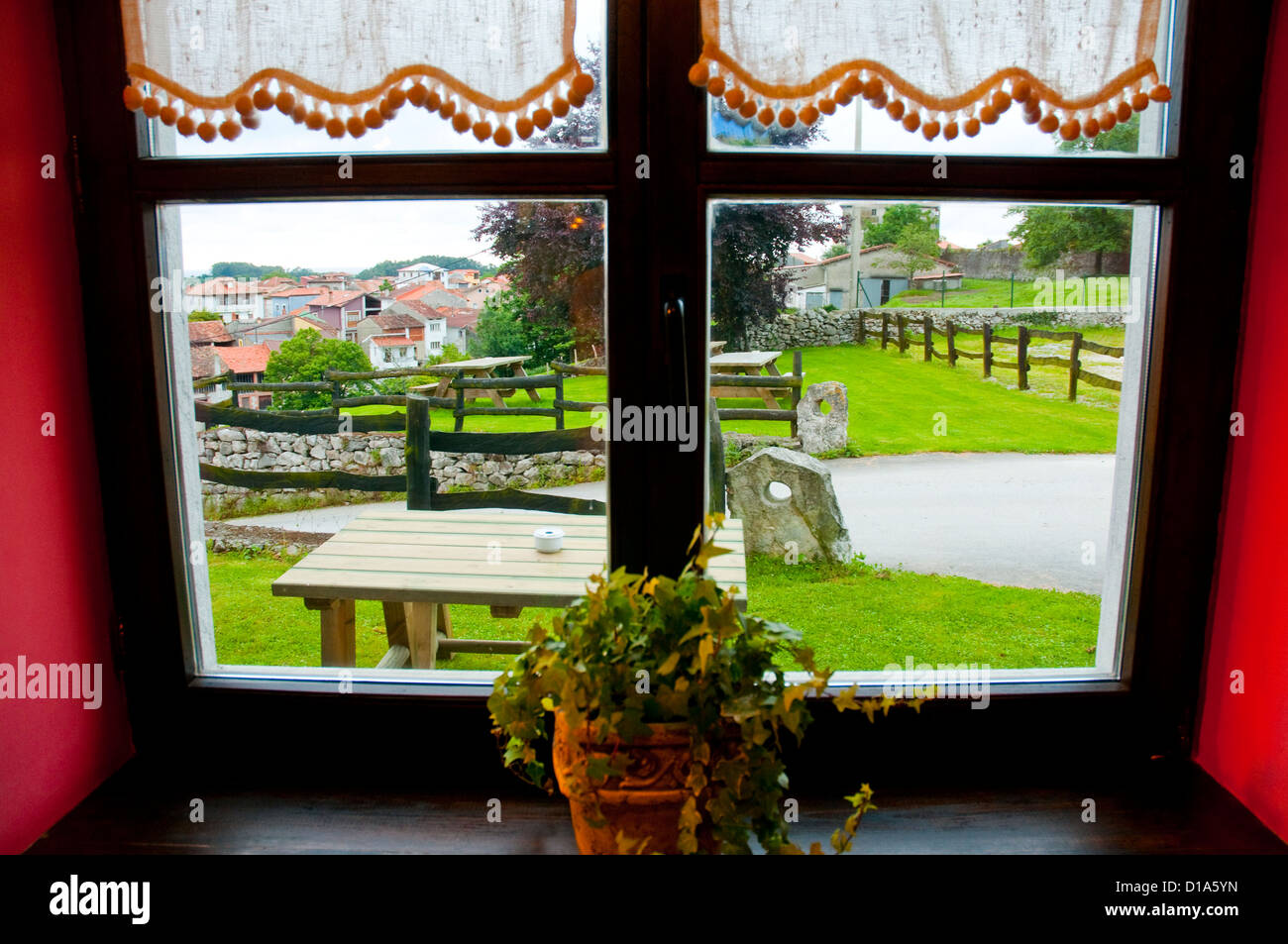 Landscape viewed from an closed window. Porrua, Asturias province ...
