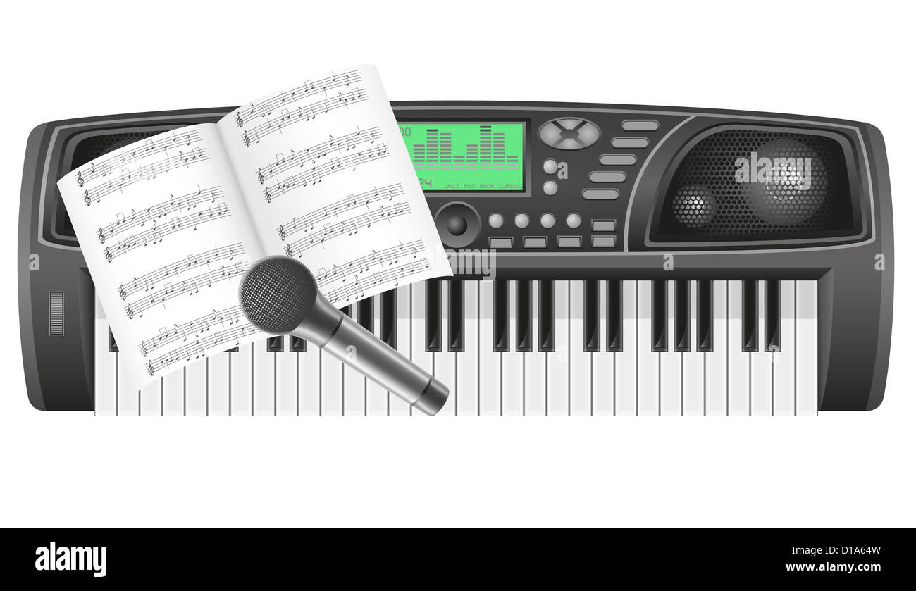 synthesizer notes and microphone illustration isolated on white ...