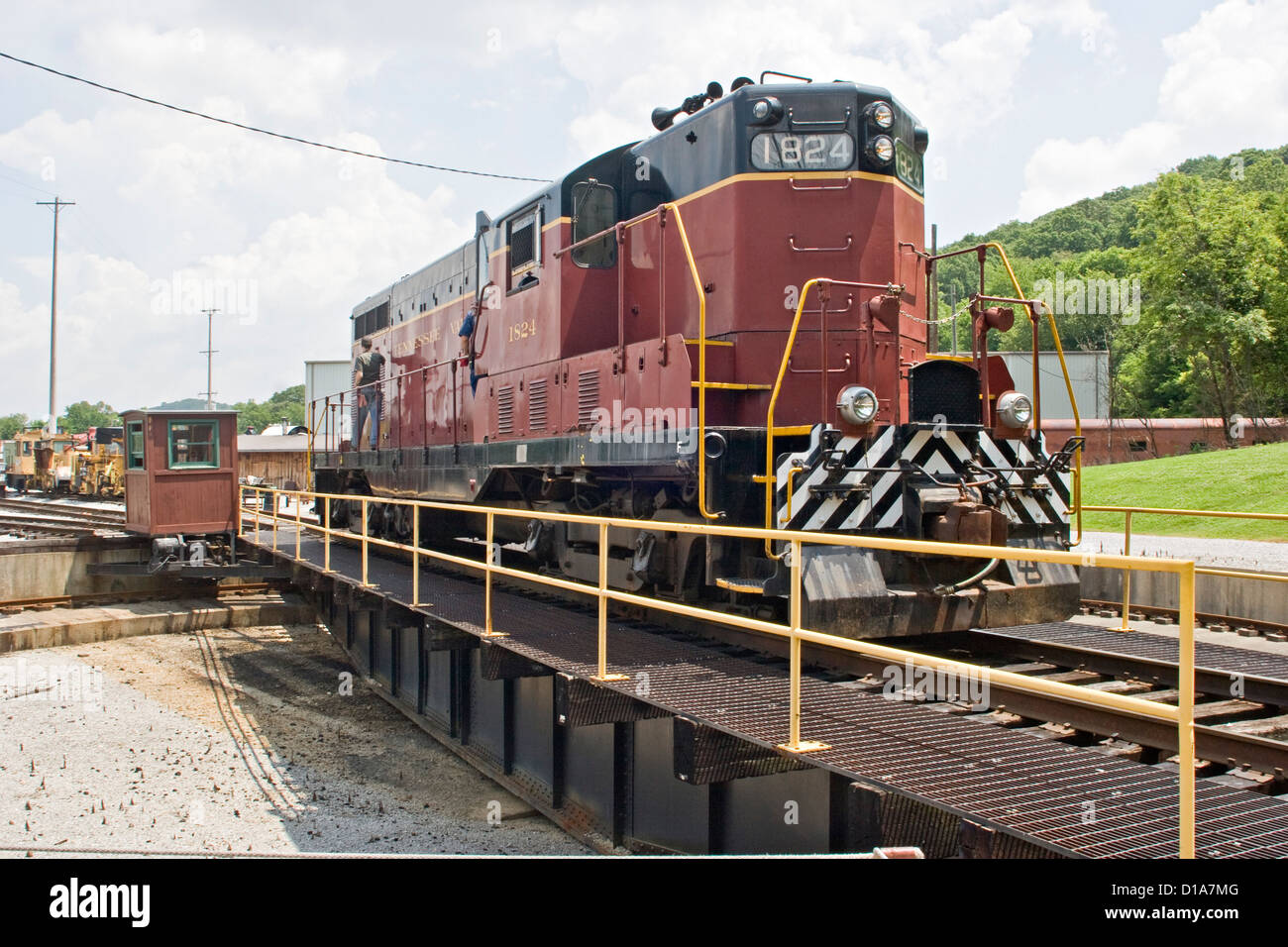 Railroad diesel locomotive being turned on locomotive turntable Stock ...