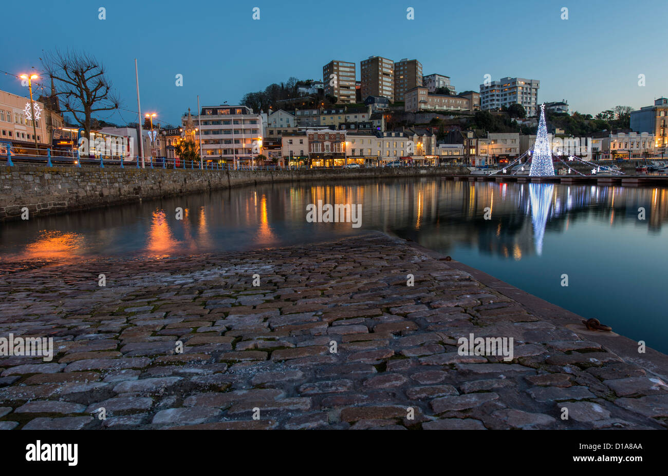 Torquay, Devon,England. December 8th 2012. A cobbled slipway at sunset ...