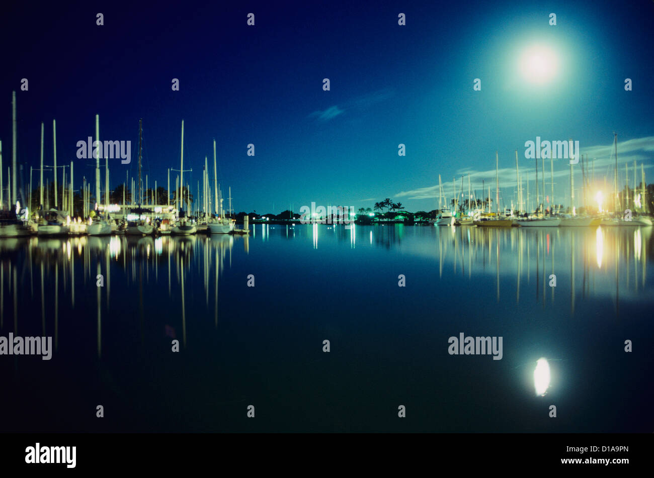 Hawaii, Oahu, Honolulu, Ala Wai Yacht Harbor, Boats During Moonrise ...