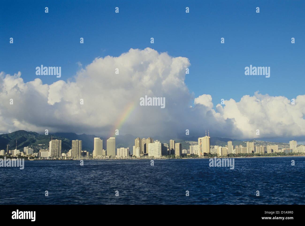 Hawaii, Oahu, Honolulu, Rainbow Over Waikiki, Blue Sky Stock Photo - Alamy