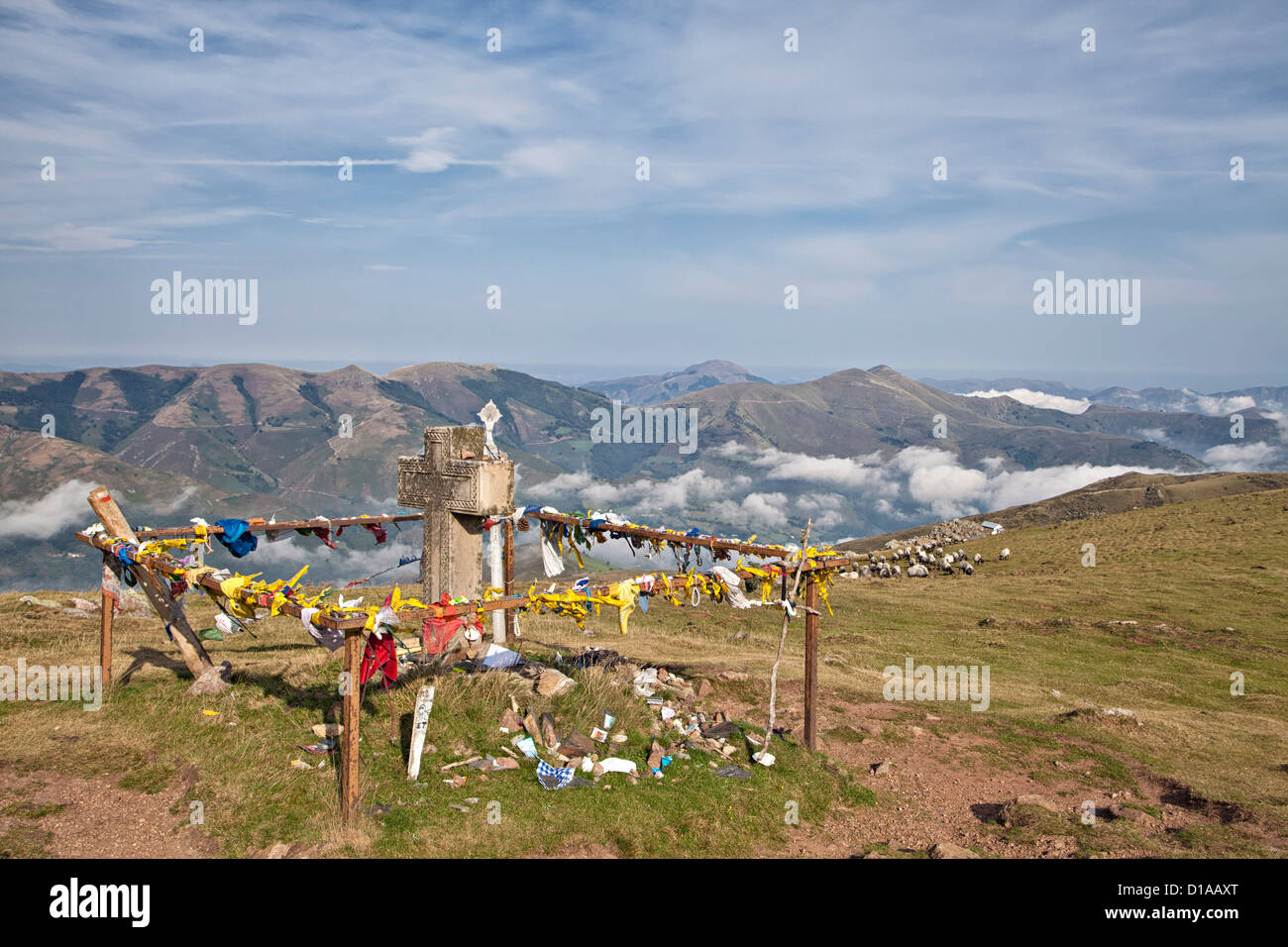 A stone cross pilgrim shrine on the Camino, in South France Pyrenees ...