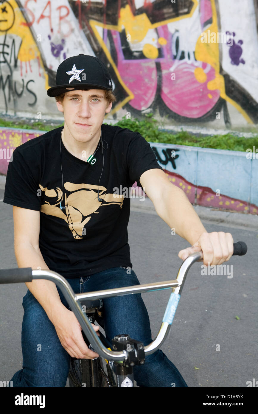 Berlin, Germany, Portrait of one young BMX riders in Berlin-Neukoelln ...
