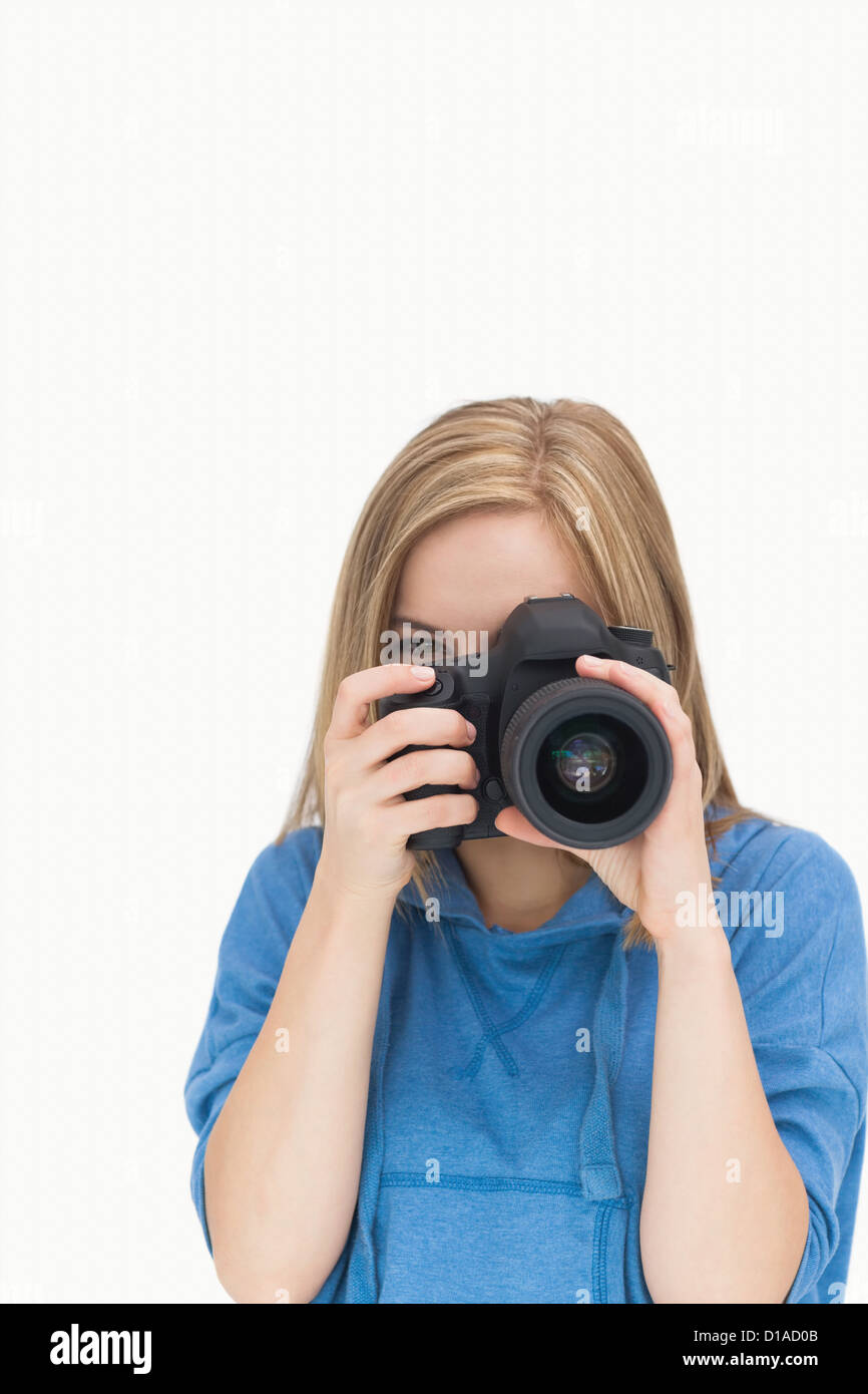 Female photographer with photographic camera Stock Photo - Alamy