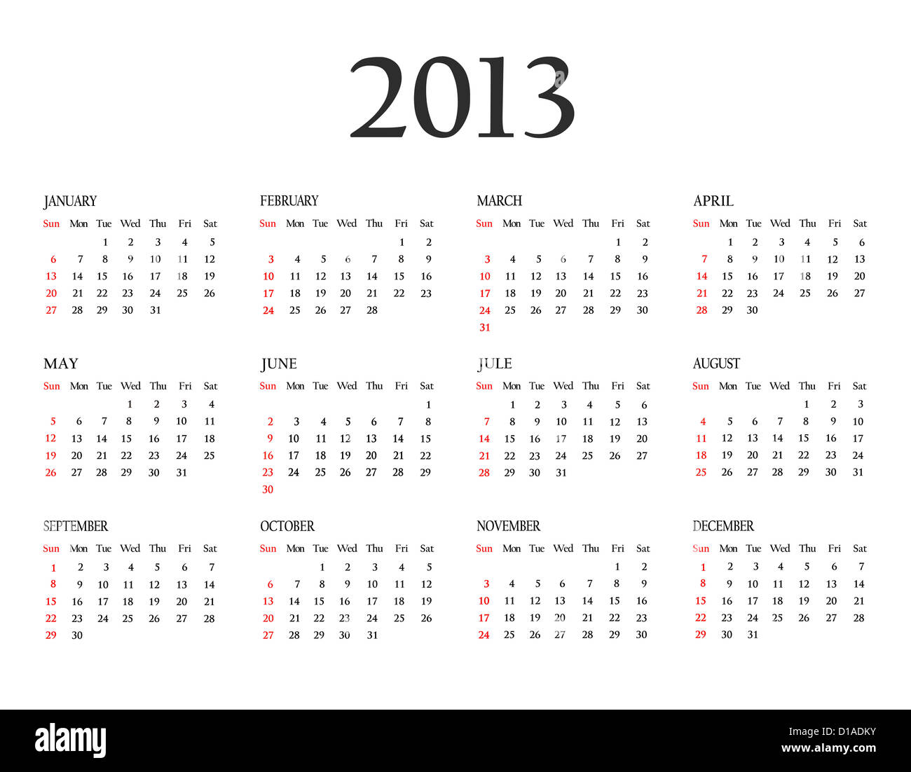 Template of Calendar 2013 for design. Weeks start on Sunday Stock Photo ...