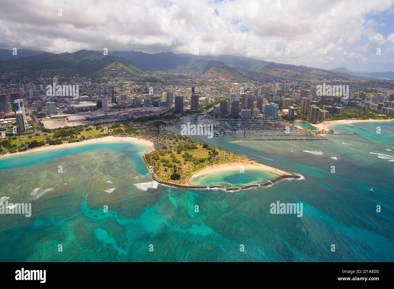 Hawaii, Oahu, Honolulu, Aerial Of Magic Island, Ala Wai Yacht Basin And ...