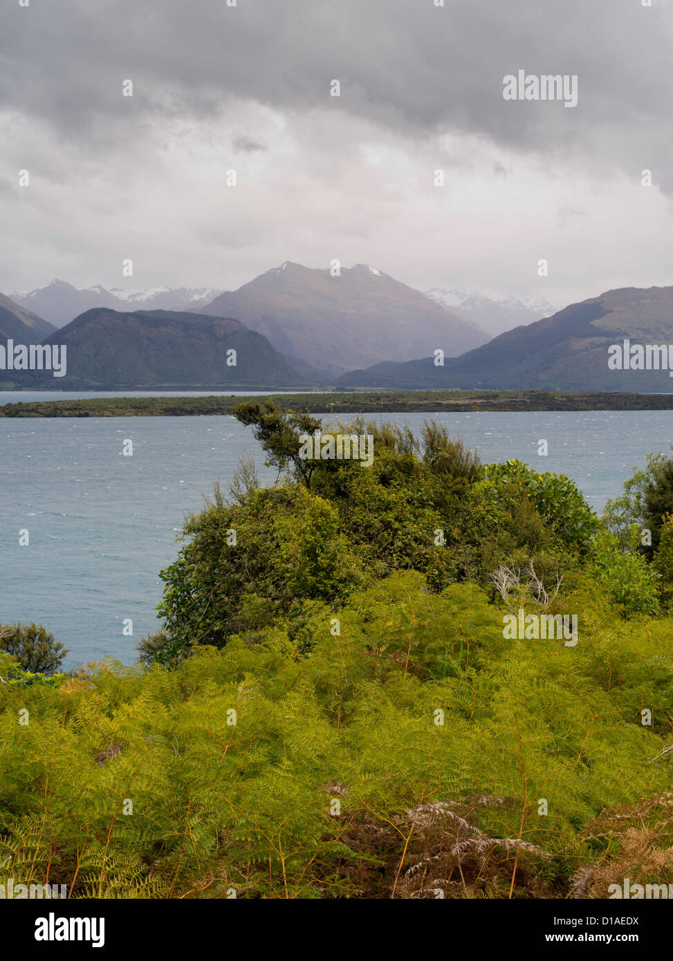 View across Lake Wakatipu on a windy, grey spring day; taken from the ...
